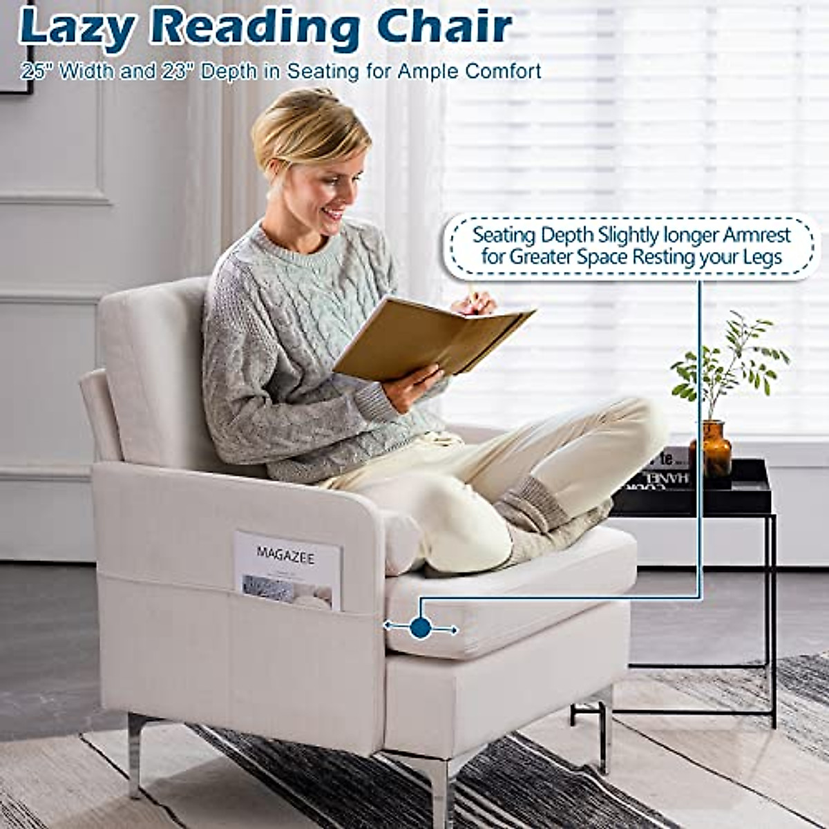 VINGLI 25" W 23" D Beige Accent Chairs Set of 2, Comfy Cross Legged Reading Chairs Upholstered Cozy Sofa Armchairs Corner Sitting Chairs Modern Office Chairs for Living Room, Bedroom, Reception