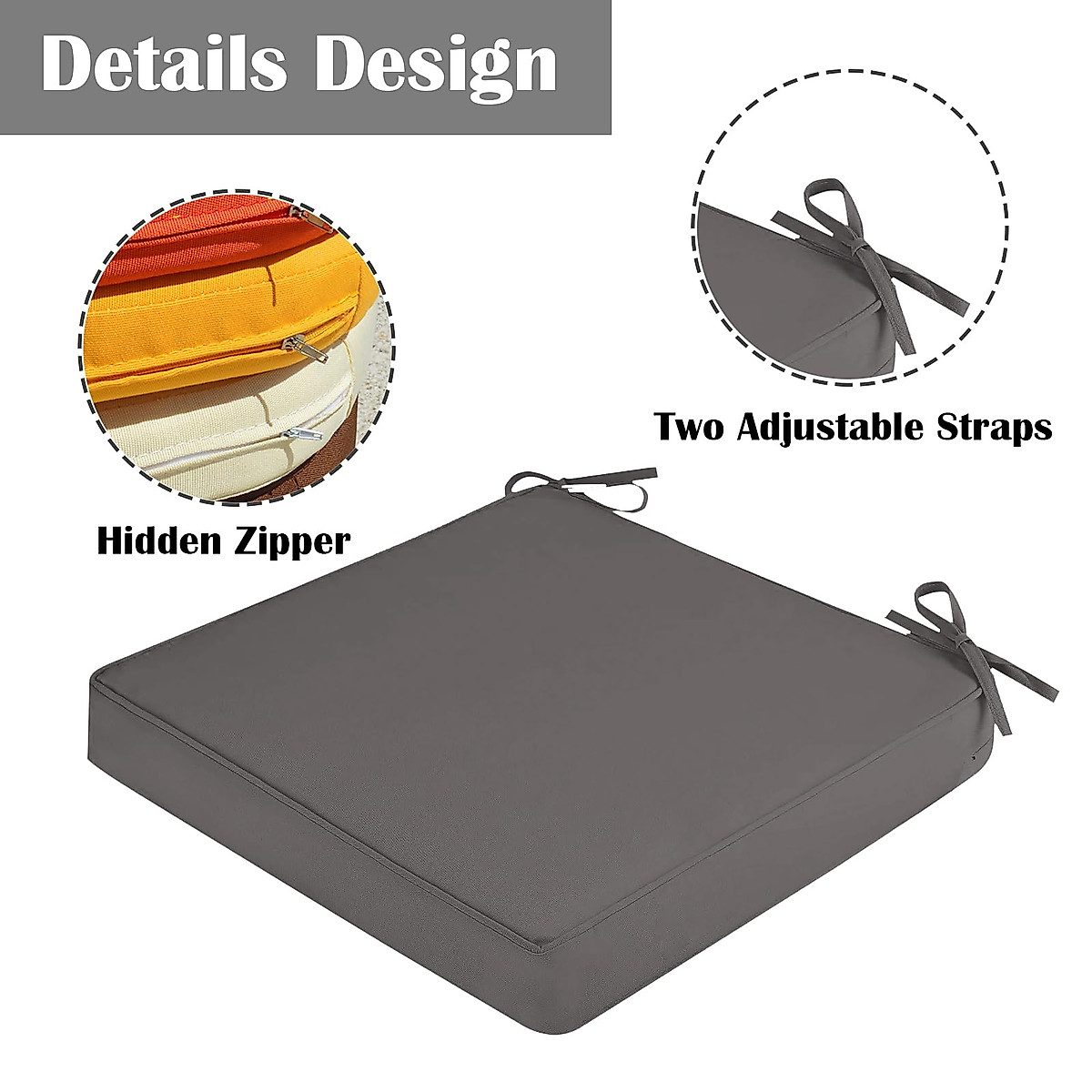 SK Studio Outdoor Chair Cushions for Patio Furniture, Set of 2 Waterproof Square Corner Memory Foam Patio Chair Cushion with Adjustable Ties Outdoor Seat Cushions, Black, 18"x18"x2"