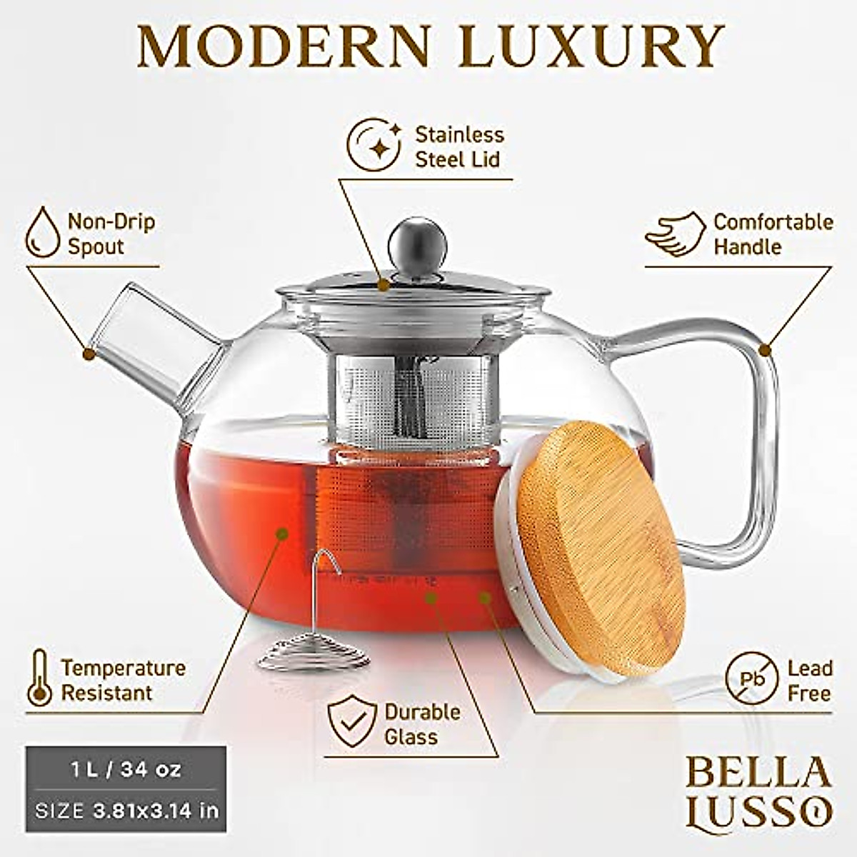 Glass Teapot with Infuser - Kettle for Loose Leaf & Blooming Tea - Stovetop & Microwave Safe Borosilicate Glass - 34oz Clear Pot with Removable Infusion - Premium Tea Maker with Gift Box & Bamboo Lid…