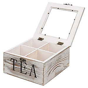 MyGift Shabby Whitewashed Solid Wood Tea Box Organizer with 4 Compartments, Teabag Storage Chest with Clear Acrylic Lid and Latch