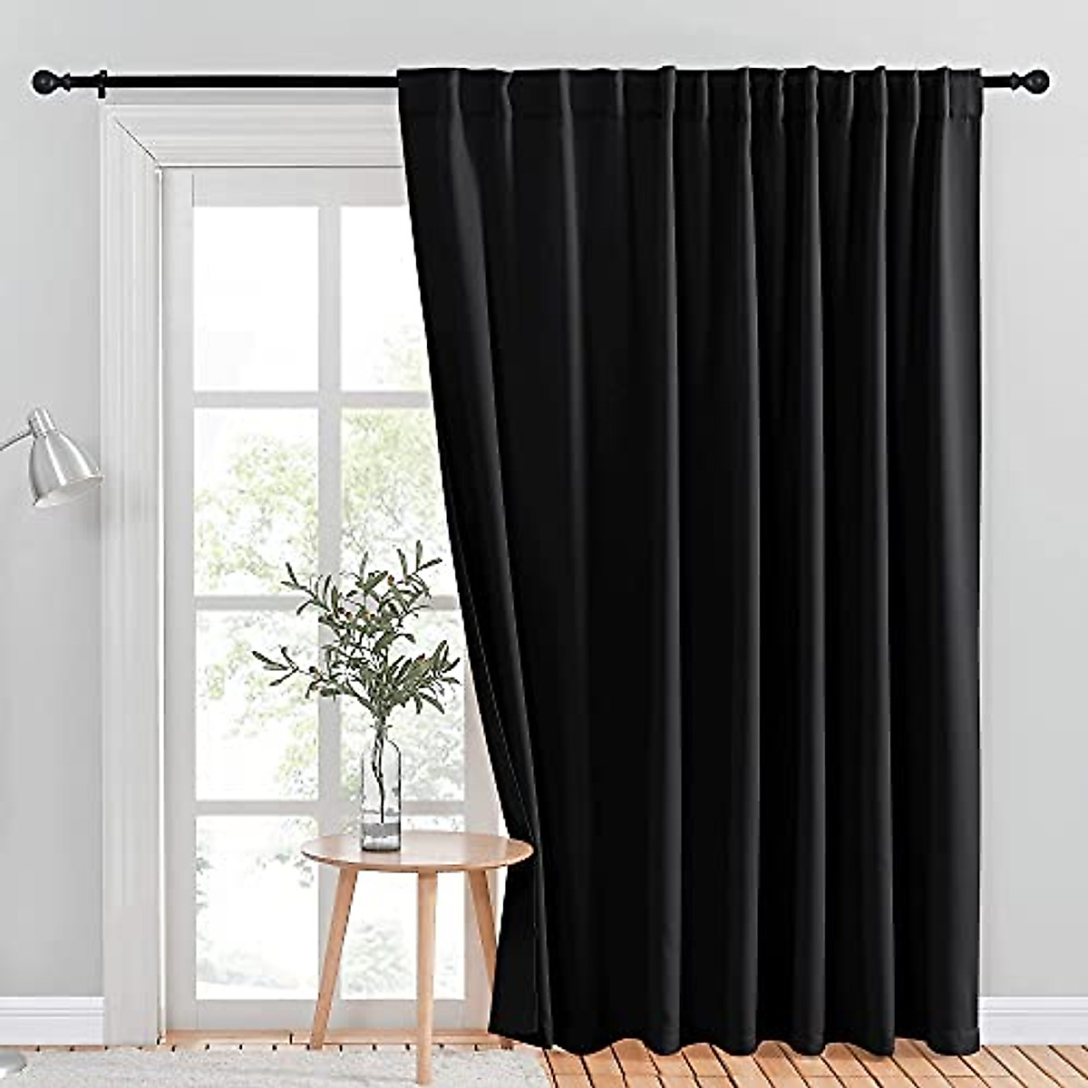 NICETOWN Sliding Glass Door Wide Curtain, Window Treatments for Patio Doors, Back Tab & Rod Pocket Thermal Insulated Blackout Curtains for decoration, Vertical Blind (Black, 100 by 84-inches, 1 Panel)