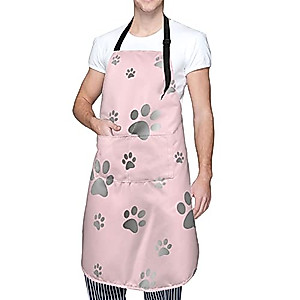 Perinsto Cute Dog Paws Pink Waterproof Apron With 2 Pockets Kitchen Chef Aprons Bibs For Cooking Baking Painting Gardening Grooming