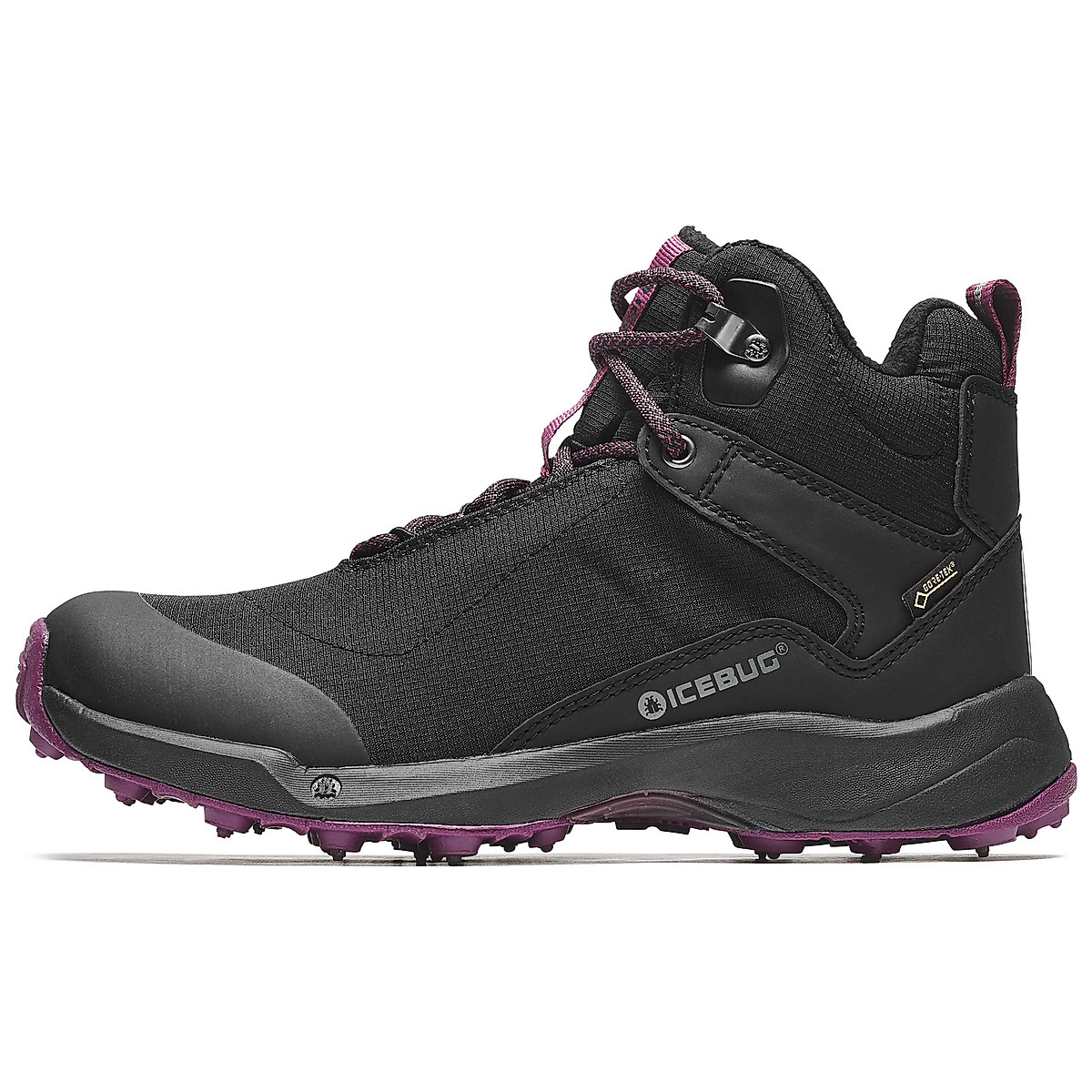 Icebug Womens Pace3 BUGrip GTX Hiking Boot with Carbide Studded Traction Sole, Black/DarkHibiscus, 6.5