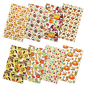 Pack of 8 Thanksgiving Fat Squares Fabric Sheets Bundles, 20" x 20", Assorted Fall Autumn Harvest Theme Patterns Include Maple Pumpkin Turkey Sunflower for Party Supplies Decor DIY Sewing Quilting