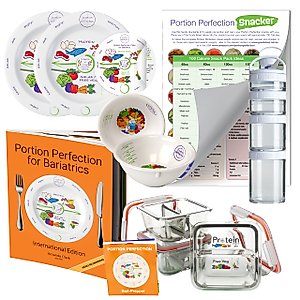 Bariatric Portion Control Plates Bowls Porcelain 8 Inch and with Clear Instruction Book, Meal Prep/Lunchbox Borosilicate Glass Containers and 100 Cal Snack Containers for Post-Surgery, Gastric Sleeve