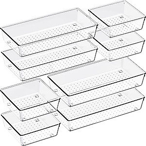 Criusia 8 Pack Large Clear Plastic Drawer Organizer Set, Bathroom Organizer Vanity Trays Dividers, Non Slip Storage Bins for Makeup, Jewelry, Snacks, Office, Desk, Fridge, Bedroom, Kitchen