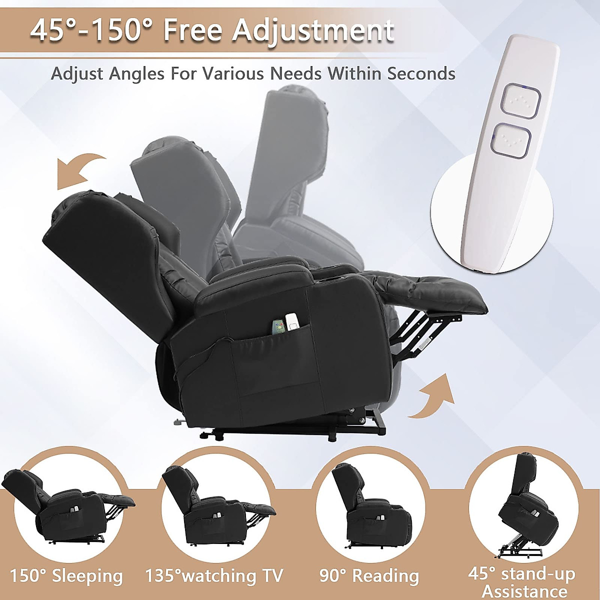 IPKIG Power Lift Recliner Chair for Elderly with Massage and Heating, PU Leather Electric Recliner Chair with USB Ports, Remote Control, 3 Positions, 2 Side Pockets for Home Living Room (L-Brown)