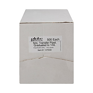 Globe Scientific Transfer Pipet, 137030-500, 5.0mL Capacity, Large Bulb, Non-Sterile, Graduated to 1mL, 145mm Length, Bulb Draw - 3.4mL, 500/Box