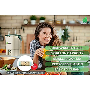 Bokashi Compost Starter Kit - Includes 2.2lb's Organic Bran, 2 Airtight Bins, Masher, Strainer, Cup for Compost Tea, and Detailed Composting Instructions. Attractive Kitchen Compost Bin.