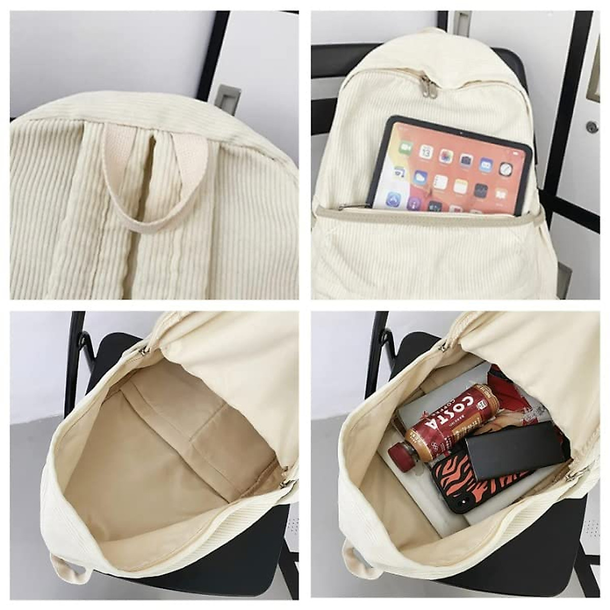 MININAI Preppy Corduroy Backpack Aesthetic Backpack 15.6 inch Laptop College Backpack Cute Book Bag Travel Rucksack Daypack (One Size,White)