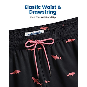 maamgic Mens Swim Trunks with Compression Liner 5" Stretch Beach Shorts Quick Dry with Zipper Pockets No-Chafing Board Shorts Black-Pink Shark L