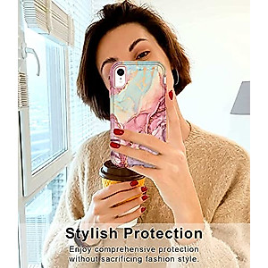 Btscase Compatible with iPhone XR Case, [5 in 1] with 2 Pack Screen Protector + 2 Pack Camera Lens Protector, Stylish Marble Full Body Three Layer Rugged Shockproof Protective Cover, Rose Gold