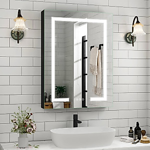 Klajowp LED Lighted Bathroom Medicine Cabinet with Mirror, 24x32 Inch Medicine Cabinet with Mirror, Recessed or Surface Bathroom Medicine Cabinet with Lights, Medicine Cabinet Mirror Black, Anti-Fog