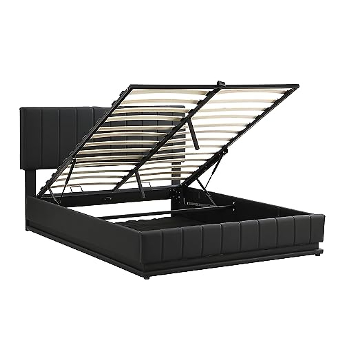 Favfurish Queen Size Lift Up Storage Bed,with Hydraulic System & 16 Color of LED Light,PU Upholstered Modern Platform BedFrame,w/Sockets and USB Ports for Boys Girls Teens Adult,Black