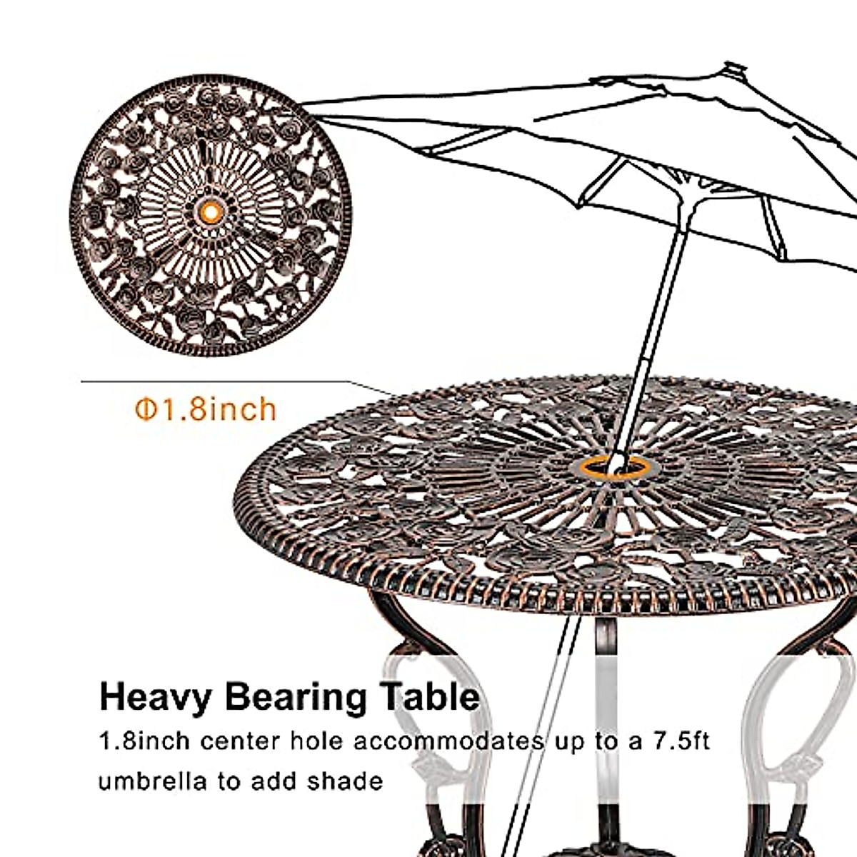HOMEFUN Bistro Table Set, Antique Bronze Rose 3 Piece, Outdoor Patio Table and Chairs Furniture, Durable Rust Weather Resistance，Rose Bronze