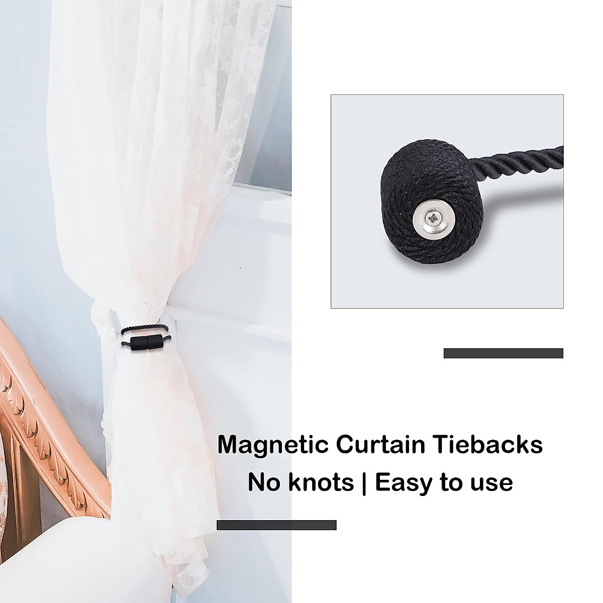 YSTDHL 4 Pack Magnetic Curtain Tiebacks, Minimalist Curtain Holders, Weave Rope Curtain Tie Backs, Modern Elegant Decorative Drapes Accessories (Black)