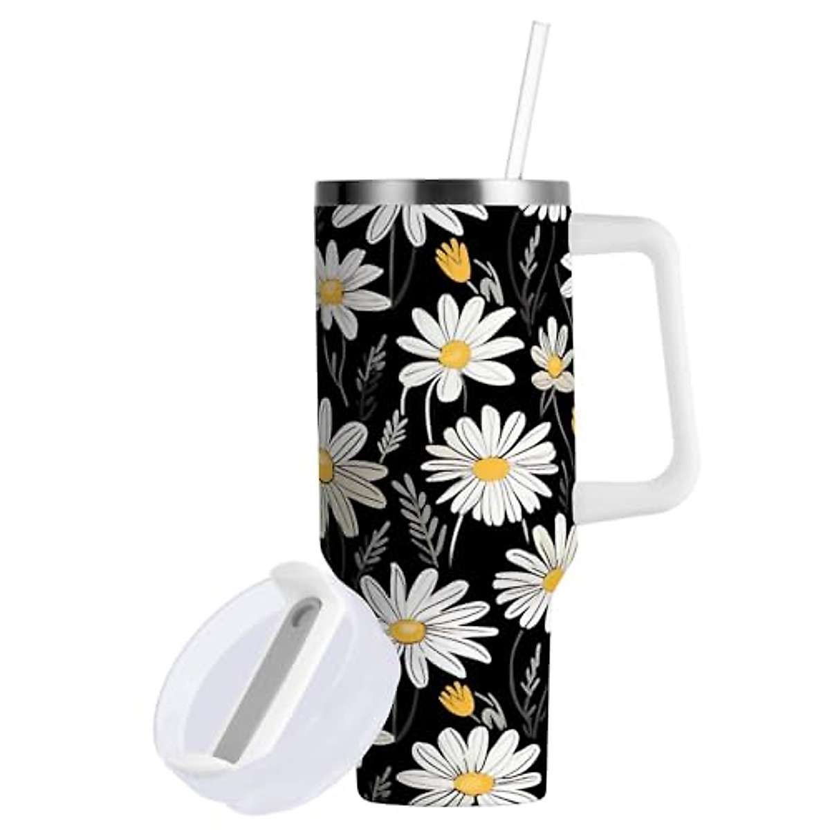Jihqo Black Daisy 40 oz Stainless Steel Vacuum Insulated Tumbler with Handle and Straw Lid, Leakproof Water Bottle Double Wall Travel Mug Coffee Cup, Cupholder Friendly