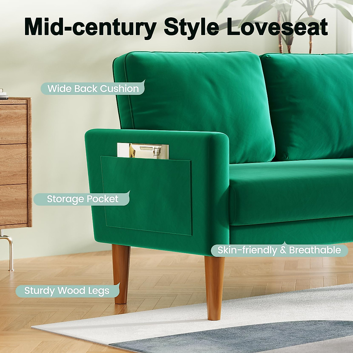 Loveseat Sofa, 55" Small Sofa Couch Mid Century Modern Velvet Couch for Small Spaces, Bedroom and Living Room, Removable Sofa Cover Spring Cushions and Solid Wood Frame, Easy to Install, Green