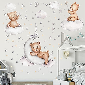 Bear Sleeping on The Moon and Stars Wall Stickers for Kids Room Decals Sweet Dream Moon Star Nursery Decor Baby Toddler Girls Shower Room Interior Decor Kid Playroom Wall Decals (23.6in x 35.4in)