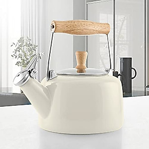 Chantal SVEN Enamel on Steel Whistling Teakettle with Natural Wood handle, 1.4 quarts, Almond