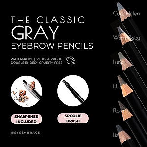 Eye Embrace Liz Classic: Warm Medium Gray Wooden Eyebrow Pencil – Waterproof, Double-Ended Pencil with Sharpener & Spoolie Brush, Cruelty-Free