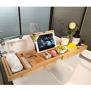Bamboo Bath Tray, Expandable Bath Caddy with Wine and Book Holder-Headley Tools Bathtub Caddy for Luxury Bath, Adjustable Bath Caddy Tray for Bathtub-Great Gift for Women/Men (Wood Color)