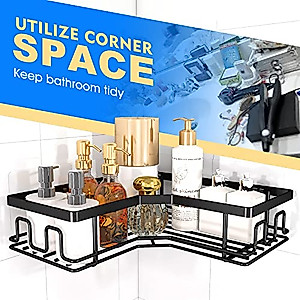 WinDerMo Corner Shower Shelves Caddy, Bathroom Shower Shelf with Soap Rack and 12 Hooks Organizer Storage Matte Black No Drilling Stainles Steel Large Capacity, 3pcs