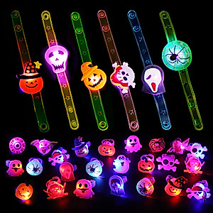 CCINEE Halloween Light up Party Favors Toys for kids, 32pcs 20 Rings+12 Bracelets LED Accessories Glow in the Dark Toys Rubber Ghost Pumpkin Skeleton for Halloween Party Supplies Decorations Gift