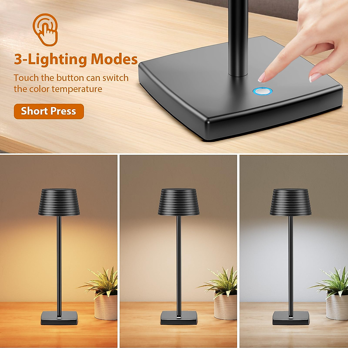 YIBEN Rechargeable Cordless Table Lamp, Battery 5000mAh Metal Aluminum Housing USB LED Portable Powered Desk Lamp, 3 Levels Brightness Night Light for Restaurants Bars Outdoor (Black)