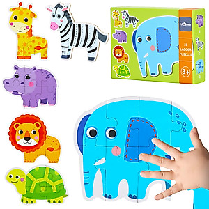 FLYINGSEEDS 6 Packs Safari Animals Shaped Wooden Jigsaw Puzzles for Toddlers Ages 1-3, Level-up Puzzles for Beginner, Montessori Learning Toys Preschool Educational Activity for Kids Ages 2-5