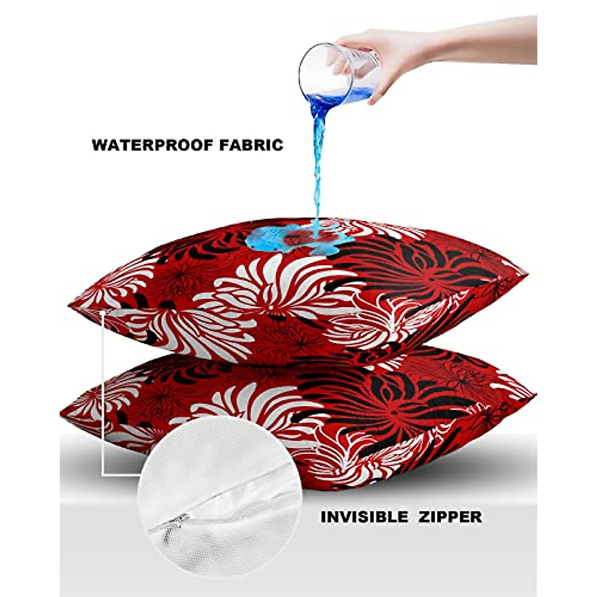 Brawvy Pillow Covers 16x16 inch Outdoor Decorative Waterproof Pillow Covers Spring Flower Red and Black Chrysanthemum Throw Pillowcase Shell for Patio Tent Couch Set of 2