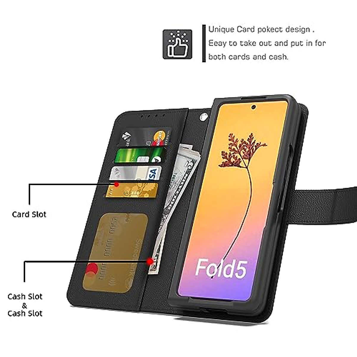 RTlink for Samsung Z Fold 5 Case, Leather Protective Galaxy Z Fold 5 Case with Strap, Shockproof Samsung Galaxy Z Fold 5 Case Wallet Flip Folio Cover Galaxy Fold 5 Case with Card Holder Slots Black