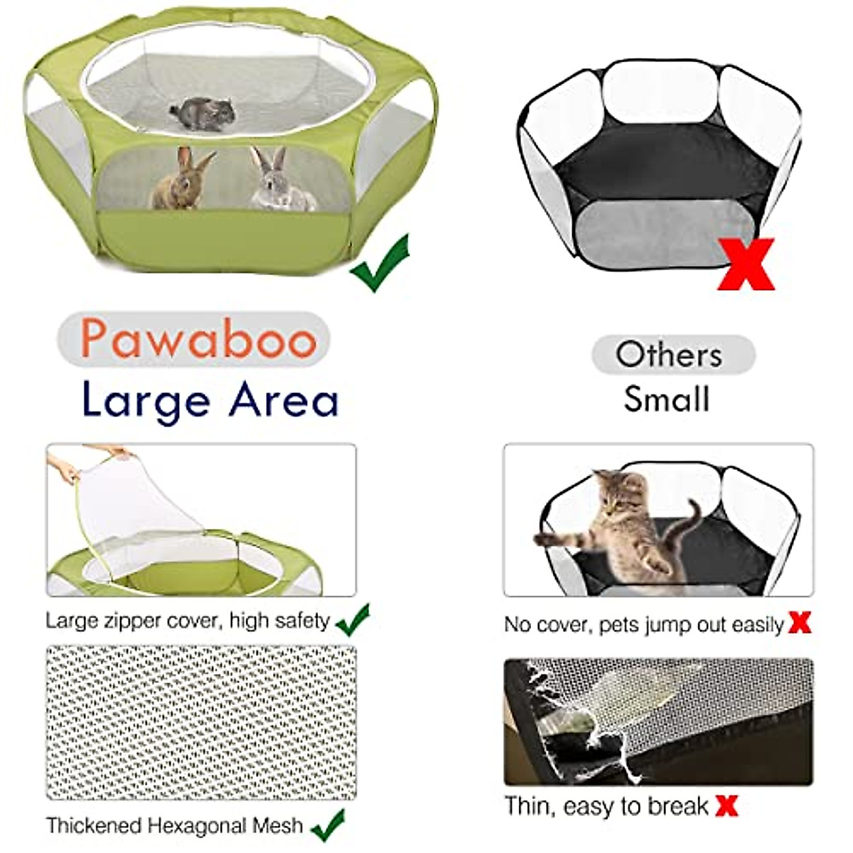 Pawaboo Small Animals Playpen, Waterproof Small Pet Cage Tent with Zippered Cover, Portable Outdoor Yard Fence with 3 Metal Rod for Kitten/Puppy/Guinea Pig/Rabbits/Hamster/Chinchillas, Green
