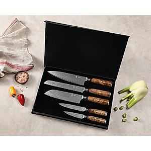 Wakoli Knife Block Sets, 5 Pieces Chef Knife Set with Block - Damascus Kitchen Knife Set with Magnetic Knife Block, Professional Kitchen Knife Block Set with Sycamore Wood Handles (Culinary Sycamore)