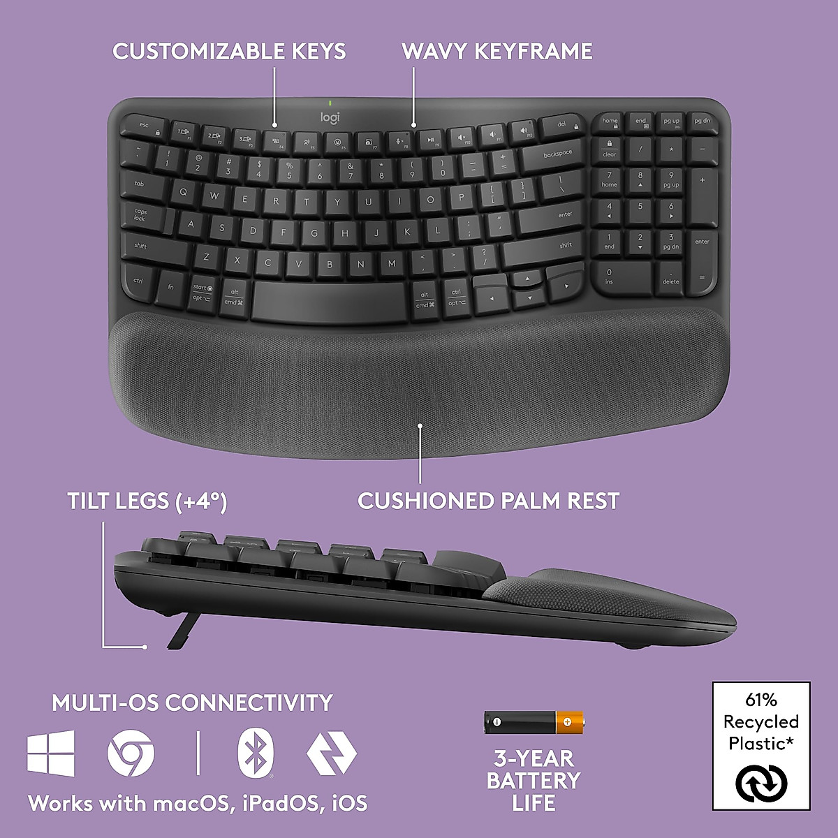 Logitech Wave Keys MK670 Combo, Wireless Ergonomic Keyboard with Signature M550 L Wireless Mouse, Comfortable Natural Typing, Bluetooth, Logi Bolt, for Multi-OS, Windows/Mac - Graphite