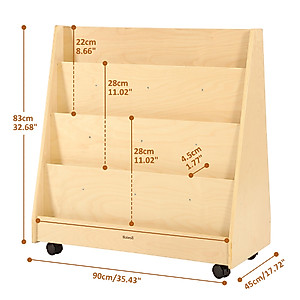 Double-Sided Bookshelf with Wheels, Wooden 4-Layer Toddler Bookshelf, Children's Magazine Storage Shelf, Ideal for Playrooms, Bedrooms, Study Rooms, Living Rooms