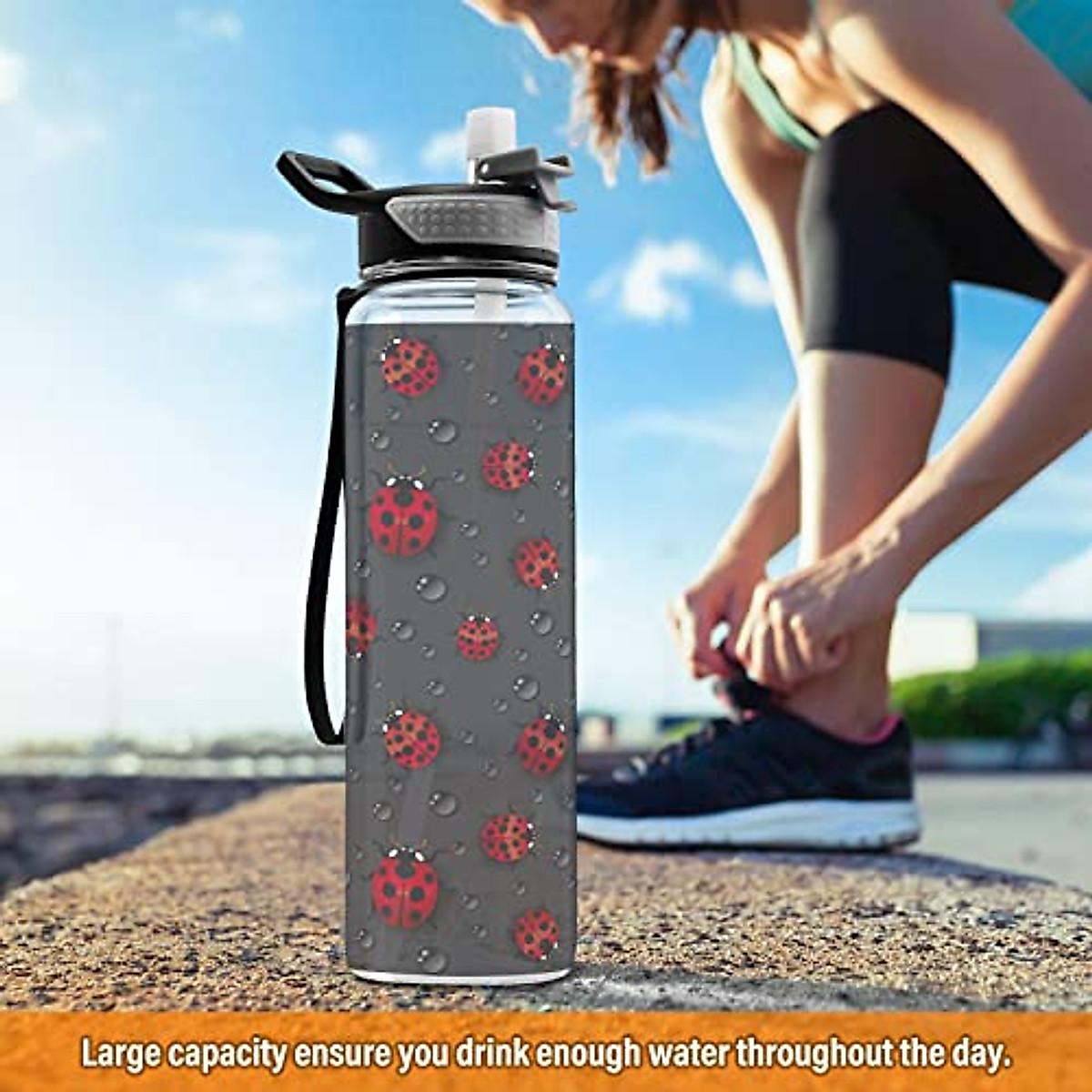 Fustylead Red Ladybugs 32 oz Tritan Water Bottle with Straw, Leakproof and BPA-Free Sport Water Bottle for Fitness, Gym & Outdoor