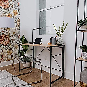 SOFSYS Modern Folding Computer Writing Desk for Small Space, Gaming, and Home Office Organization, Foldable Industrial Metal Frame with Sturdy Desktop for Students or Small Business, Oak/Black