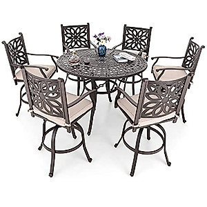 MFSTUDIO Cast Aluminum Bar Height Outdoor Bar stools Set of 2, Swivel Patio Chairs with Extra Wide Seat and Cushion, Brown