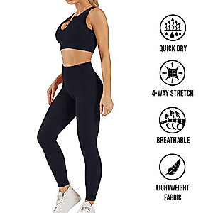 Women Workout Outfits 2 Piece Ribbed Seamless Crop Tank High Waist Yoga Leggings Sets