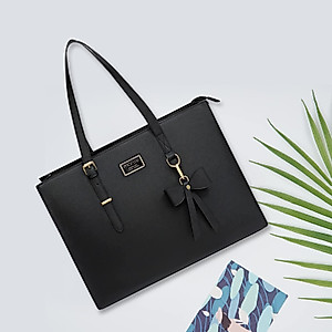MOSISO Laptop Bag for Women Compatible with MacBook, 17-17.3 inch Notebook and Chromebook, PU Leather Travel Work Tote bag with Detachable Bowknot & Small Purse, Black