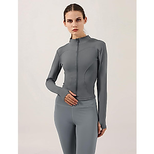Locachy Women's Lightweight Stretchy Workout Full Zip Running Track Jacket with Thumb Holes Grey L