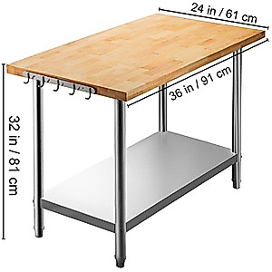 VEVOR Maple Top Work Table, 36x24 Inches, Stainless Steel Wood Kitchen Prep Table with 937 LBS Load Bearing, Kitchen Island Table with Lower Shelf and Adjustable Feet, Outdoor Prep Table for Kitchen