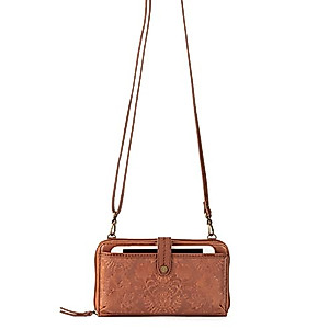 The Sak Iris Large Smartphone Crossbody Bag in Leather, Detachable Wristlet Strap, Tobacco Floral Embossed II