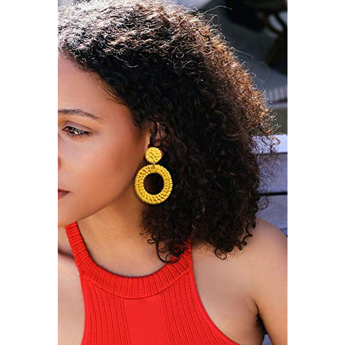 Woven Rattan Earrings Boho Colored Straw Wicker Braid Drop Dangle Earrings Handmade Round Circle Hoop Earrings Statement Stud Earrings For Women