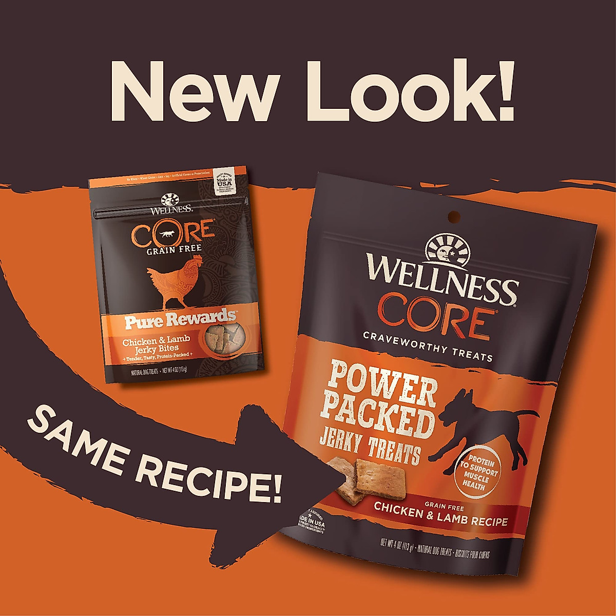 Wellness CORE Power Packed Dog Treats, Grain-Free Tender Jerky Treats, Made in USA (Chicken & Lamb Recipe, 4-Ounce Bag)