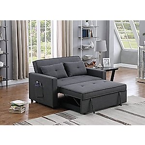 Lilola Home Zoey Dark Gray Linen Convertible Sleeper Loveseat with Side Pocket