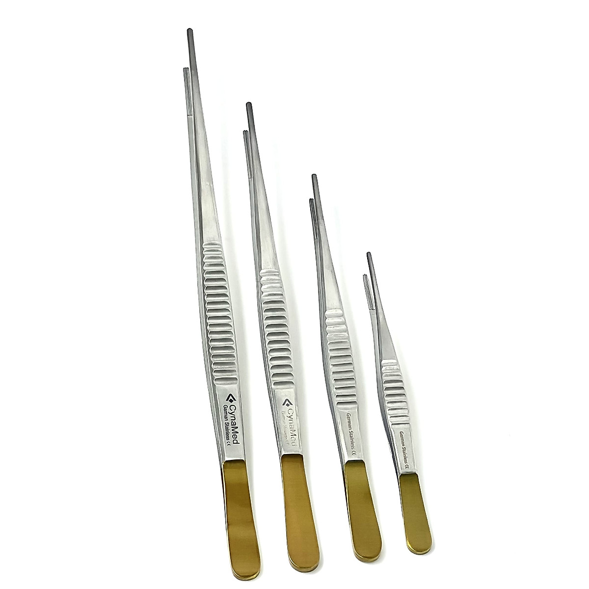 German Set of 4 Each Debakey Forceps Serrated Narrow Tips for Atraumatic Veterinary Microscopy Dissection Comes in Gold Handle 6”+8”+10”+12”