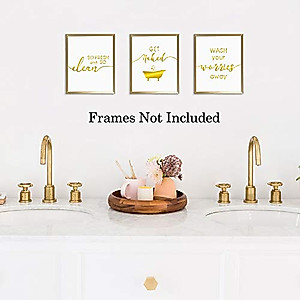 LHIUEM Funny Bathroom Quotes Gold Foil Print, Wash Your Worries Away-So Fresh and So Clean Cardstock Art Print Poster
