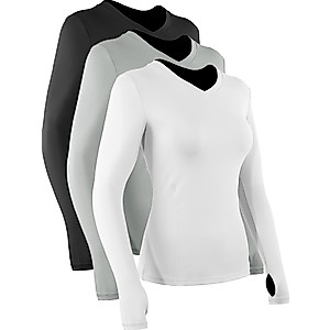 CADMUS Women's V-Neck Workout Shirts Long Sleeve Yoga Top Athletic Running T Shirt,Black, Grey, White,Medium